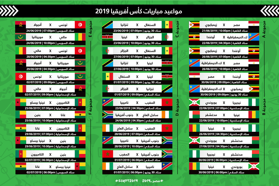 جدول مبارايات كاس امم افريقيا والقنوات الناقله للبث المباشر للمباراه