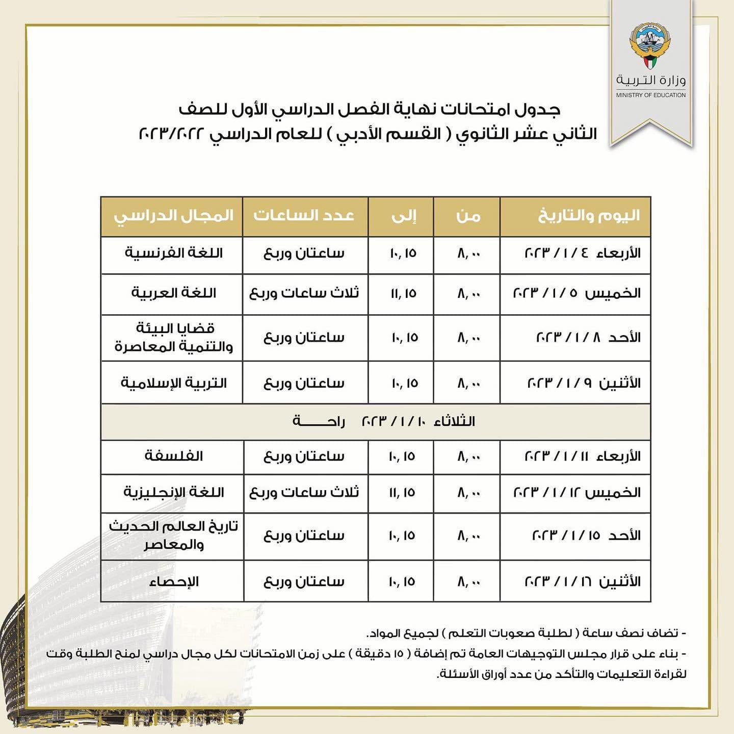 جدول امتحانات الثانوية العامة 20232022 في الكويت اختبارات الفصل